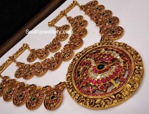 Three Step Kundan Peacock Bottu Haram - Indian Jewellery Designs