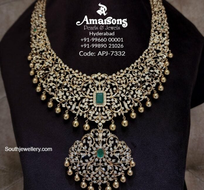 Closed setting diamond emerald necklace - Indian Jewellery Designs