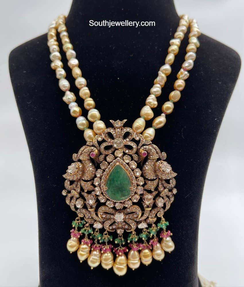 South sea pearl mala with peacock polki pendant