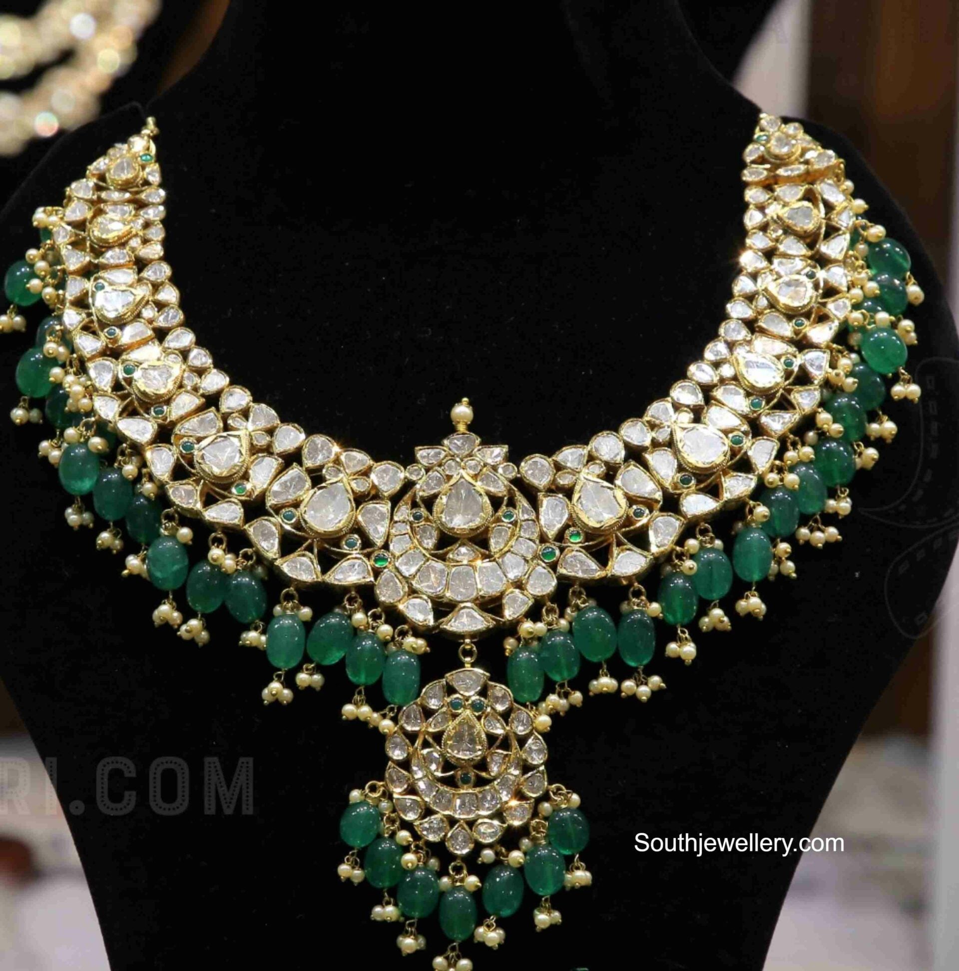 Polki diamond and emerald necklace - Indian Jewellery Designs